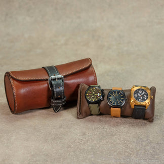 Leather Watch Roll Case for 3 Watches with contrasting details. – Deferichs